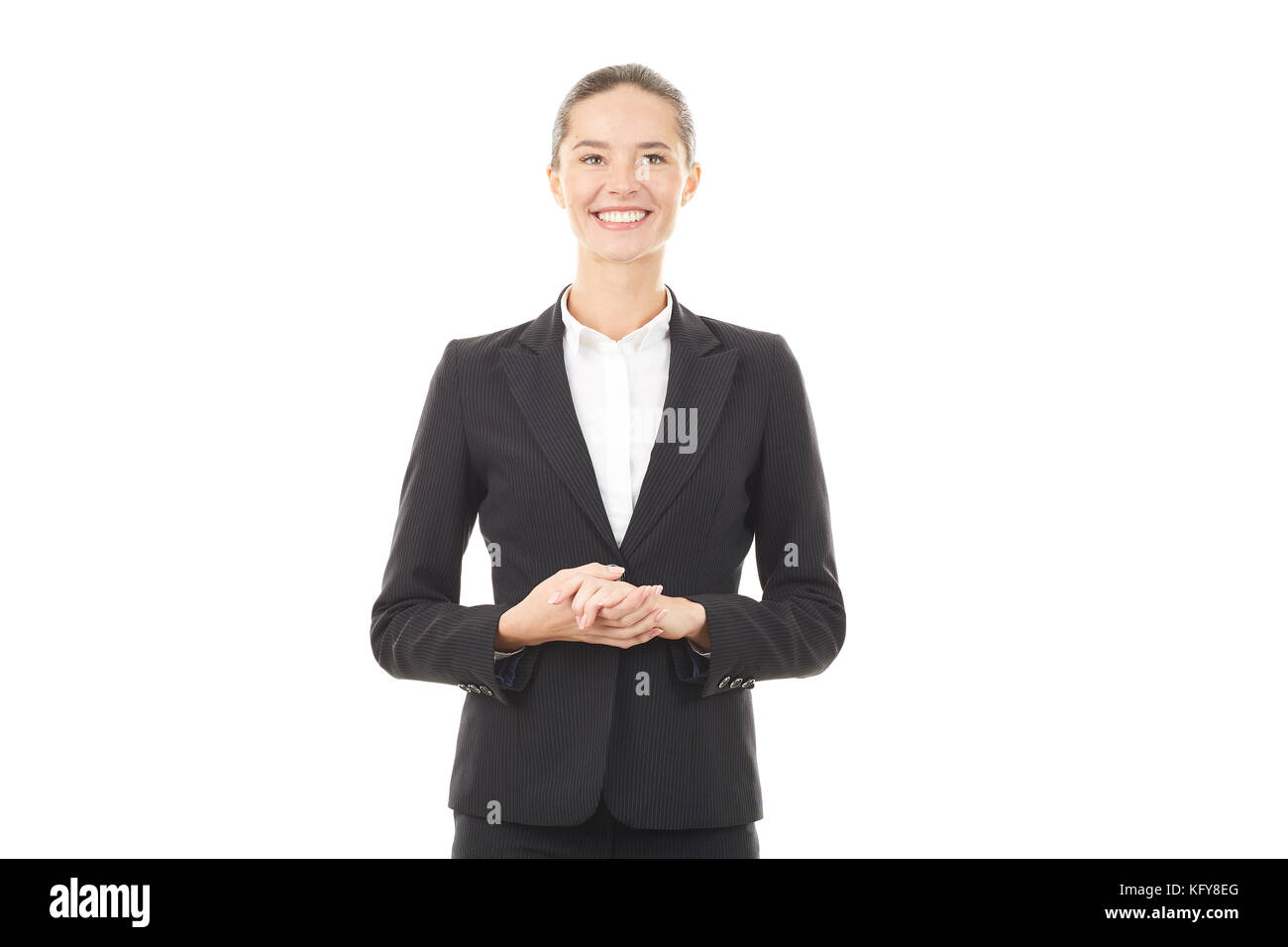 Portrait of beautiful young businesswoman smiling on white background ...