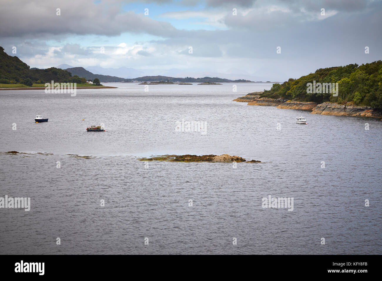 Overcast view looking West across Loch Carron from historic medieval ...
