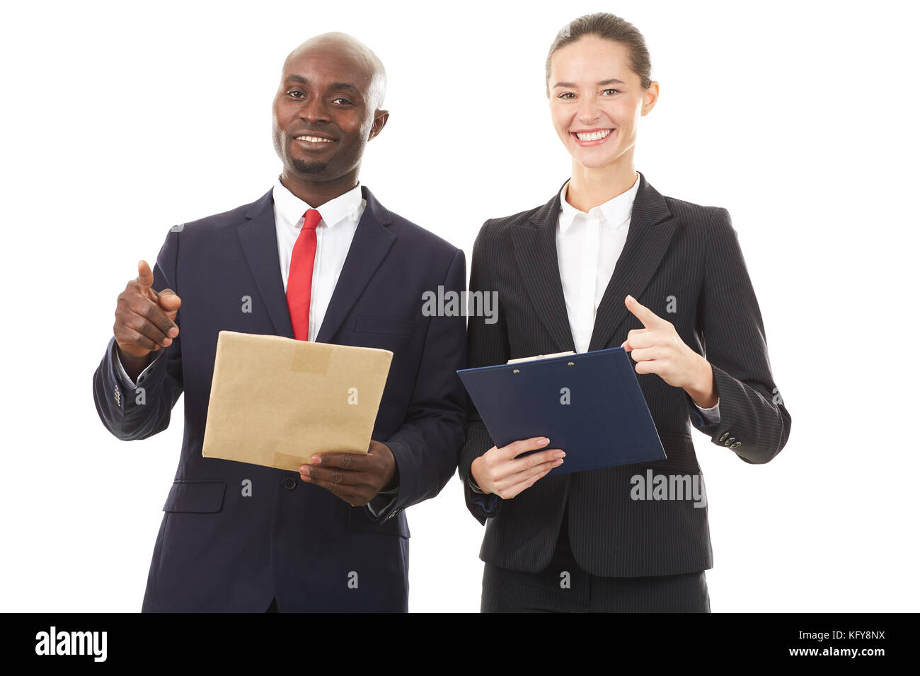 Portrait of two HR managers on white background, willing to see you in ...