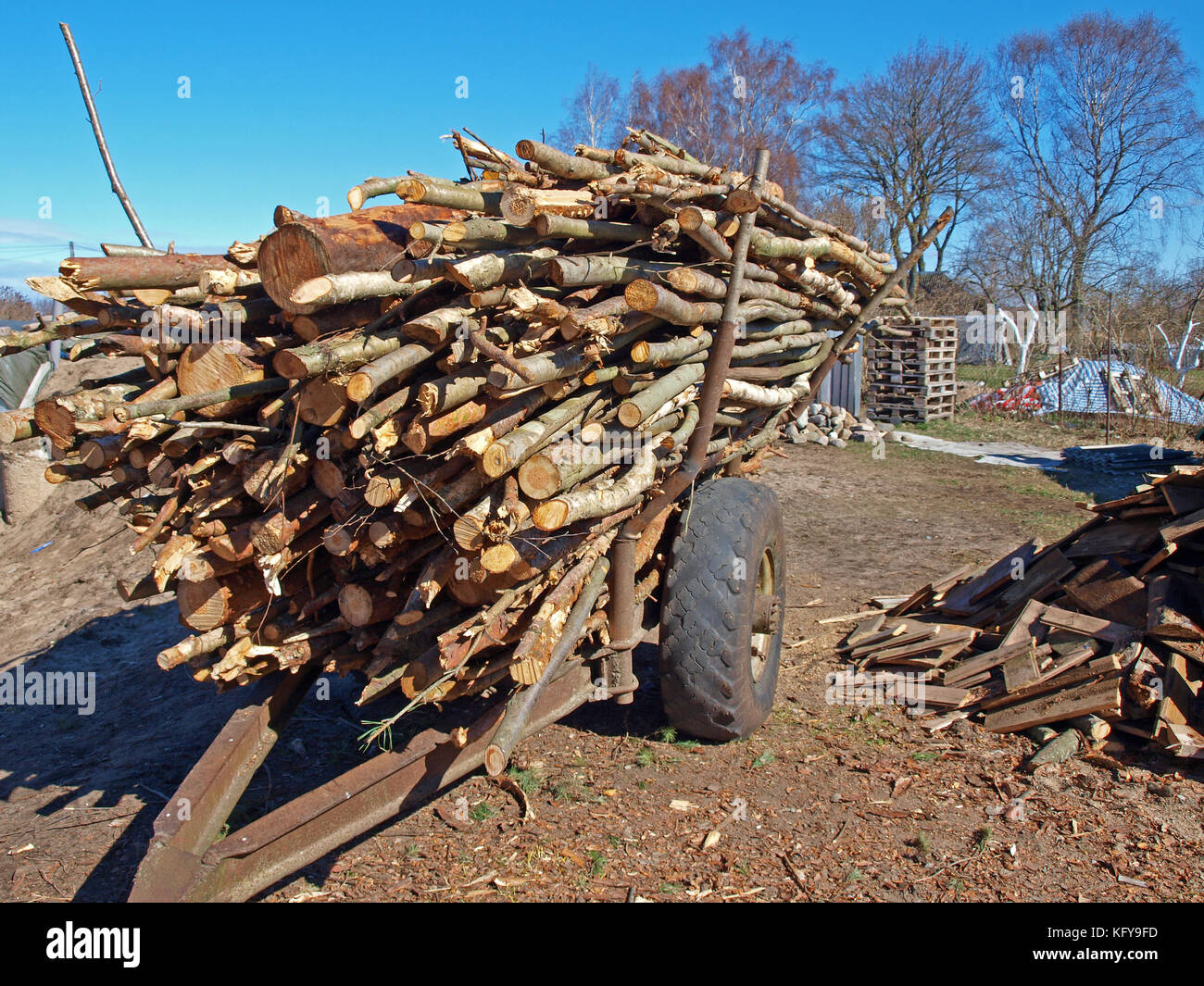 Special simple trailer full of firewood logs Stock Photo - Alamy
