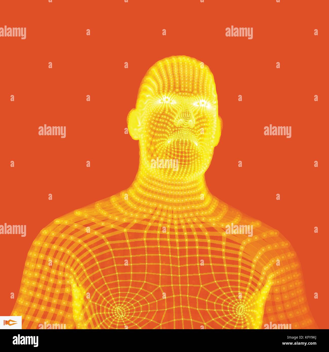 Human torso on orange background. Head of the Person from a 3d Grid ...