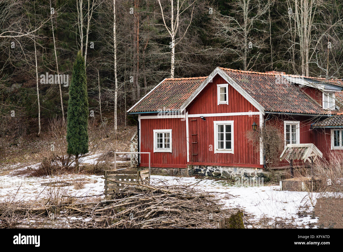 STOCKHOLM, SWEDEN - FEBRUARY 7, 2017: Classic Swedish wooden red house ...