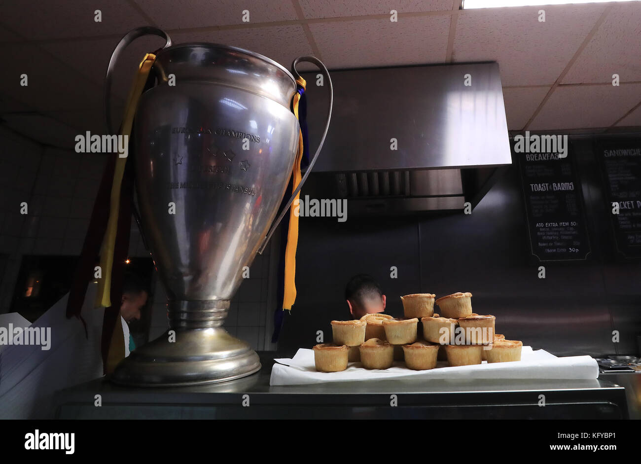 A mock Champions league trophy in a Cafe opposite Anfield before the ...