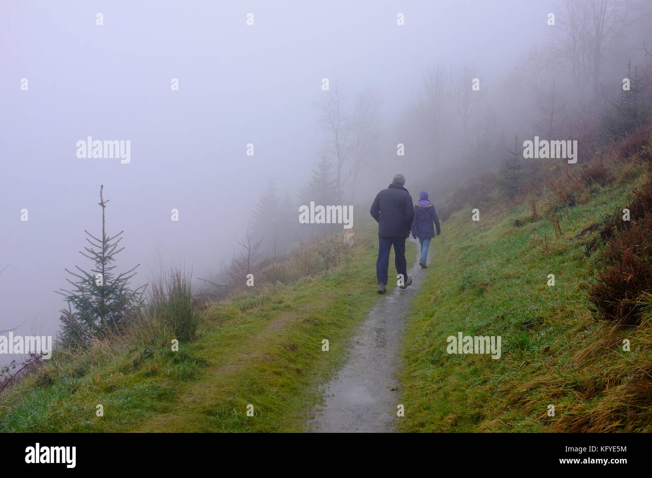 People walking through misty hills in Mid Wales Stock Photo - Alamy