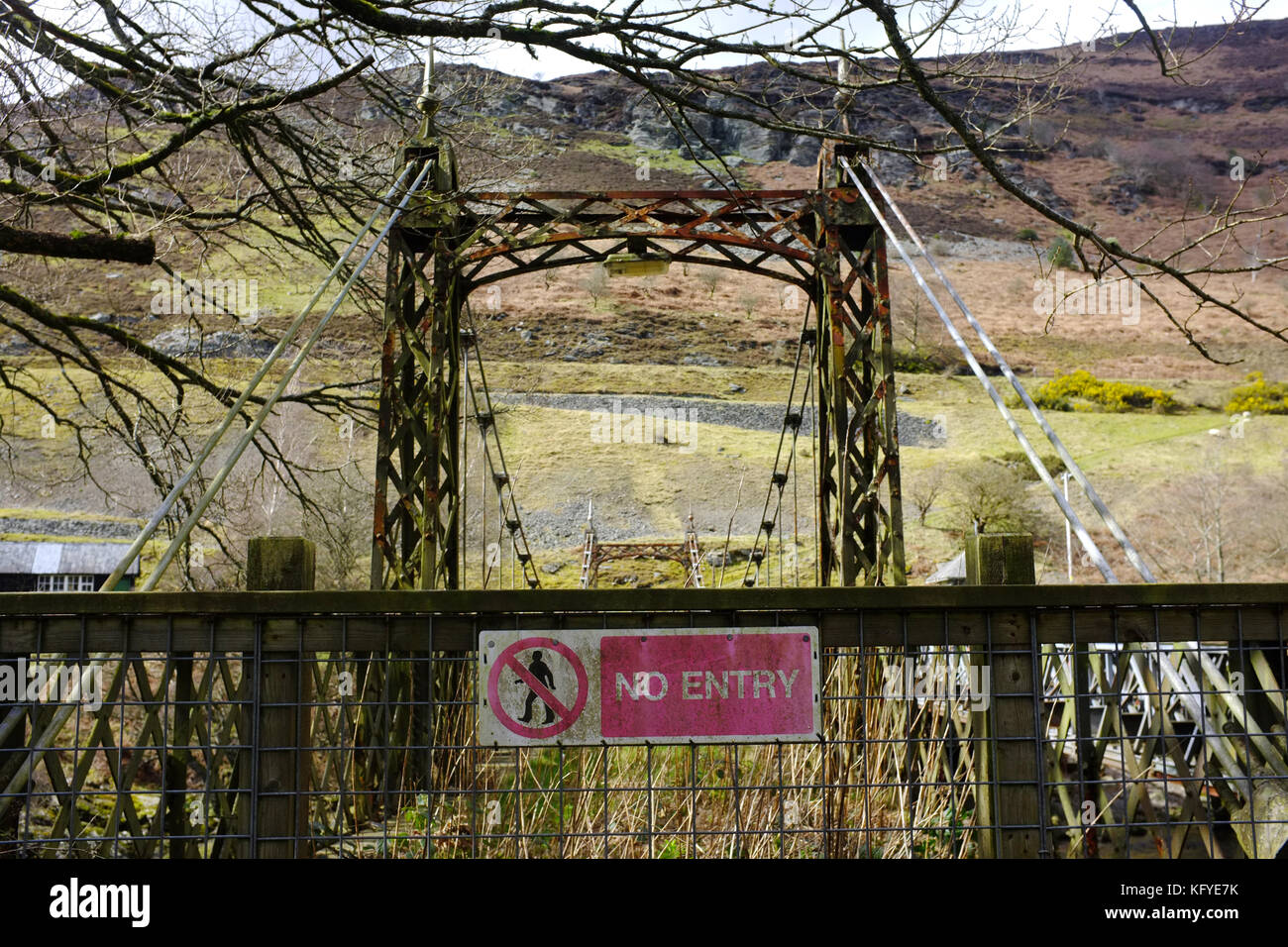 A No Entry sign on the entrance to a rickety bridge in Mid Wales Stock ...