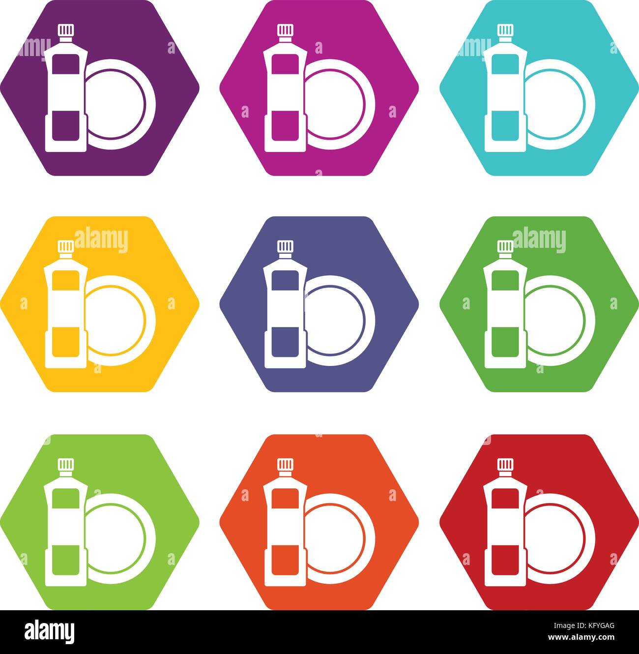Dishwashing liquid detergent and dish icon set color hexahedron Stock ...