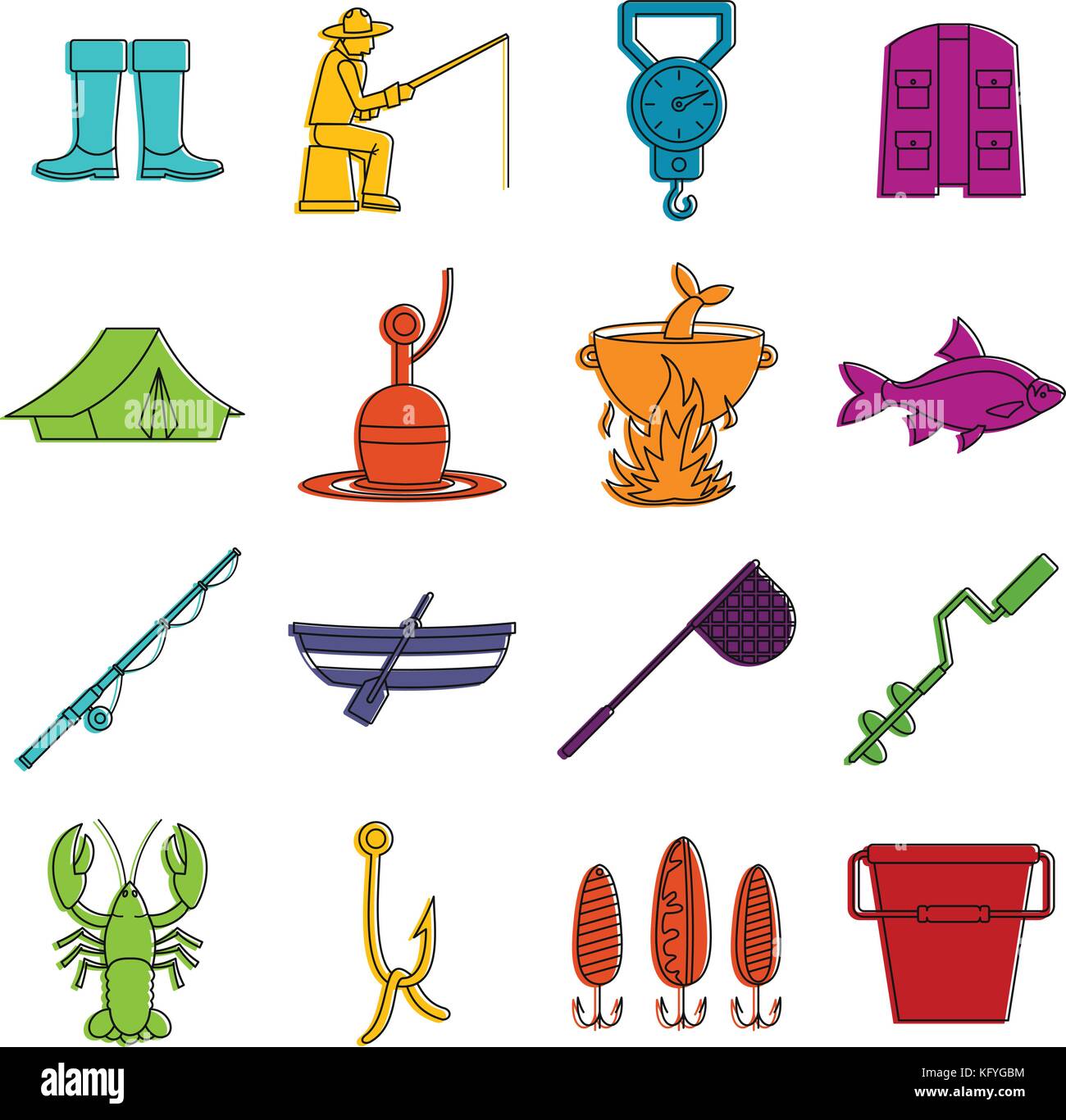 Fishing tools icons doodle set Stock Vector Image & Art - Alamy