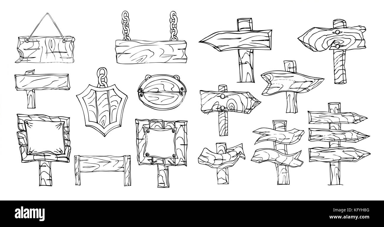 Set of wooden signposts. Hand-drawn Doodle. Illustration Stock Photo ...
