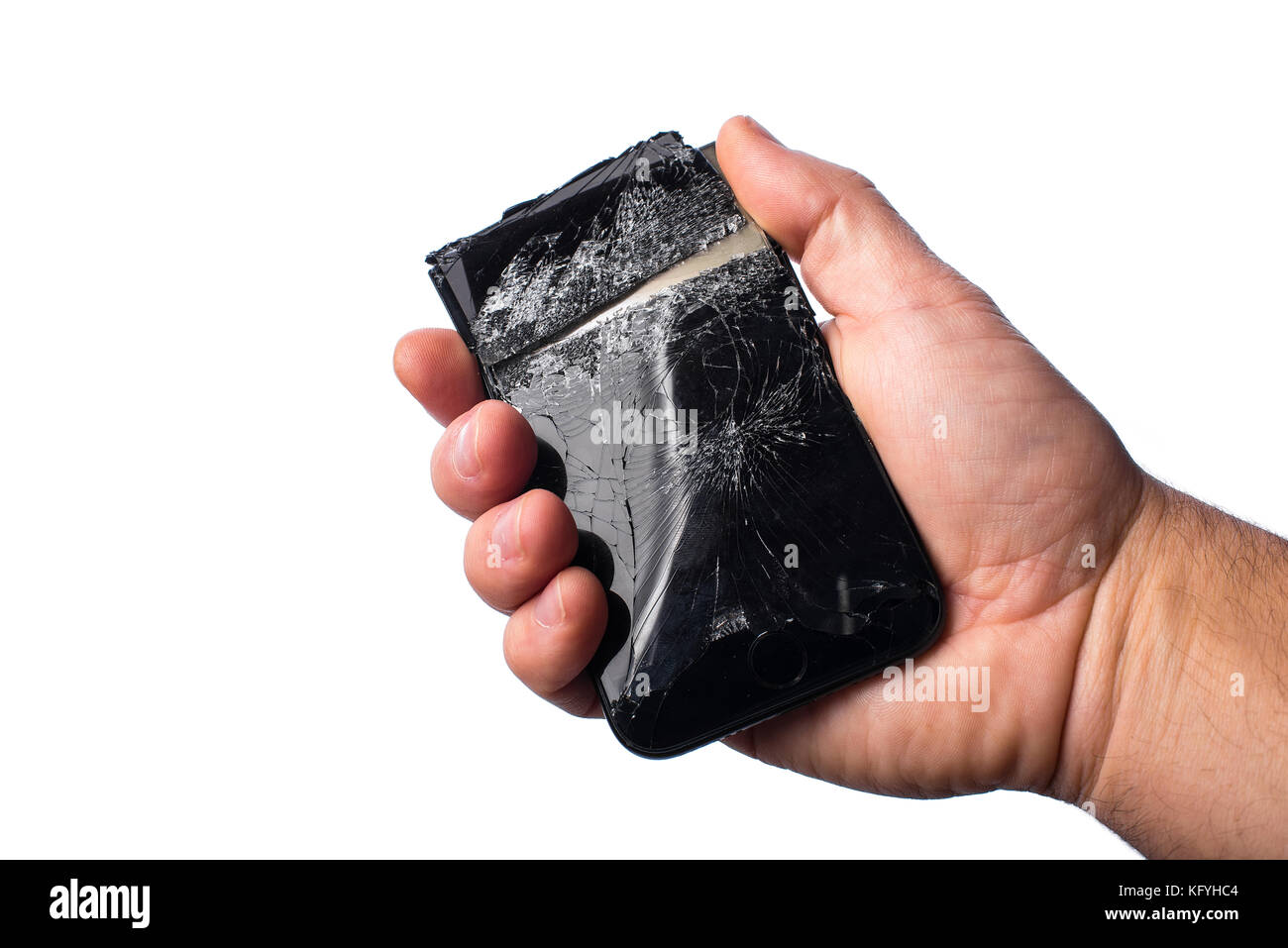 The hand holds a broken mobile phone, a white background, a business ...