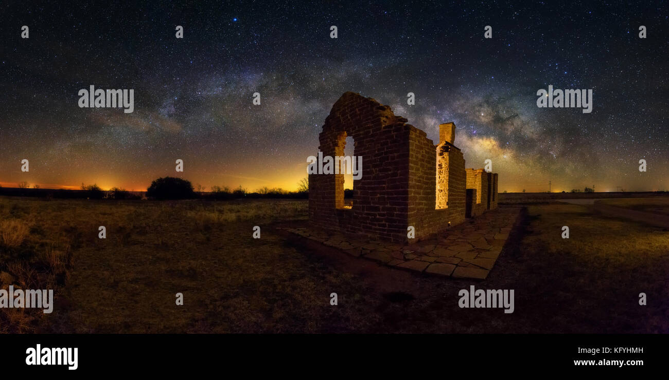 Panorama Milky way shot with ruined building at Fort Griffin State ...