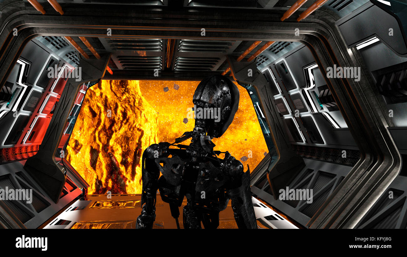 Futuristic robot in the spaceship looking the deep space - 3d rendering ...