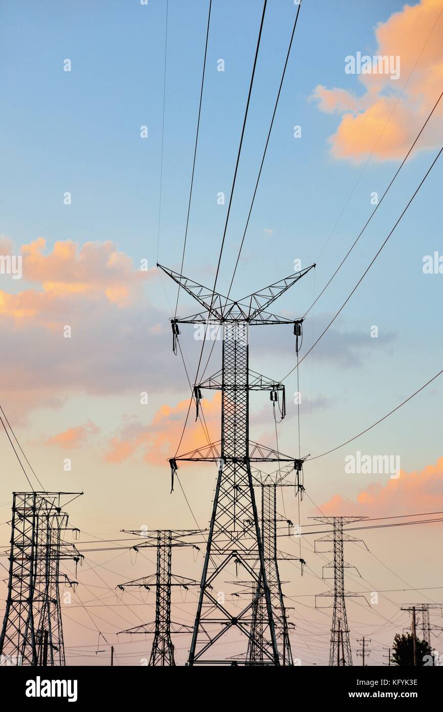 Power lines above a power substation in Elgin, Illinois. The power ...