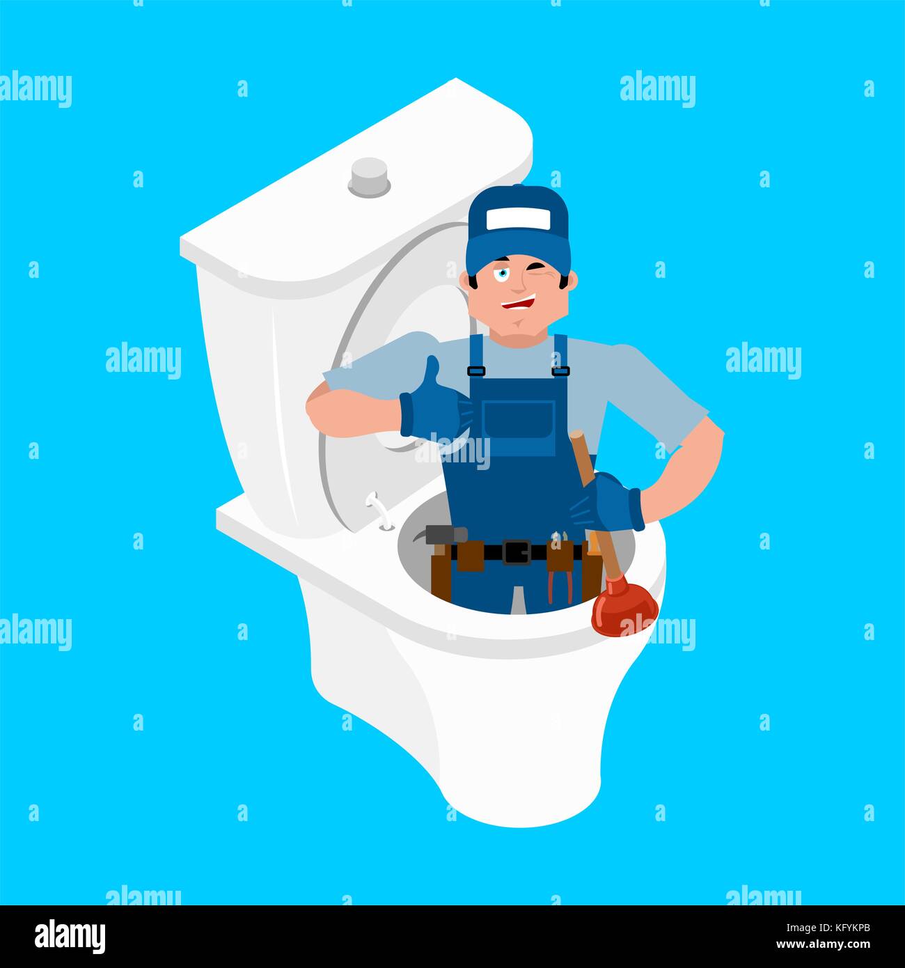 Plumber and toilet. Cleaning and maintenance of pan WC. Vector ...