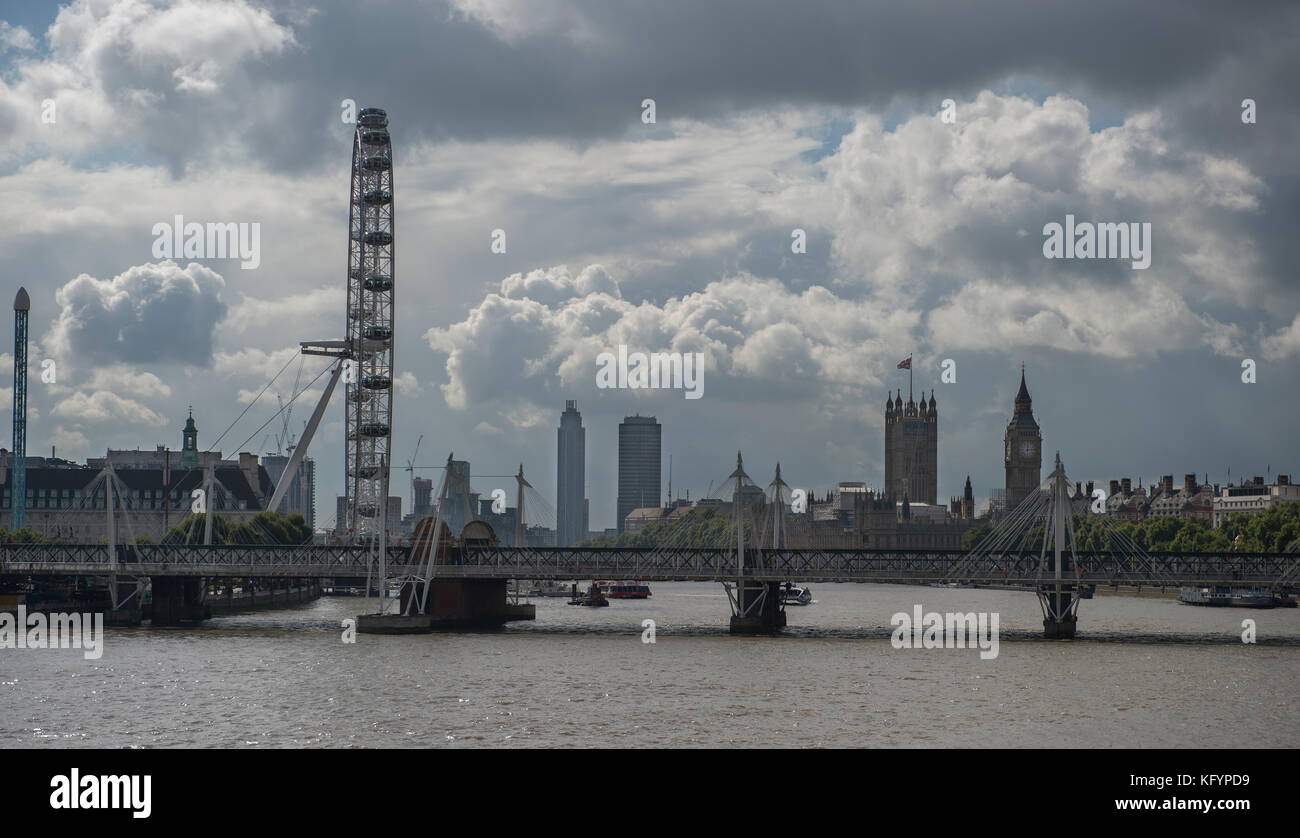 View of the Hungerford Bridge, Big Ben and the London Eye from Waterloo ...