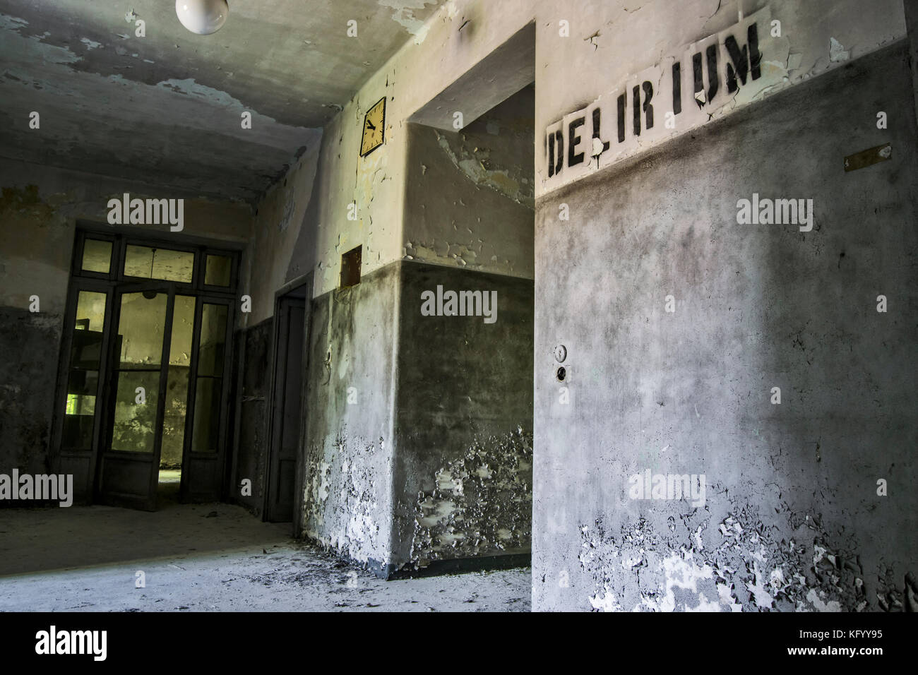 a shot of a hall of a floor of an abandoned building of a psychiatric ...