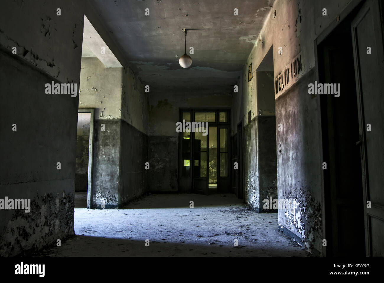 a shot of a hall of a floor of an abandoned building of a psychiatric ...