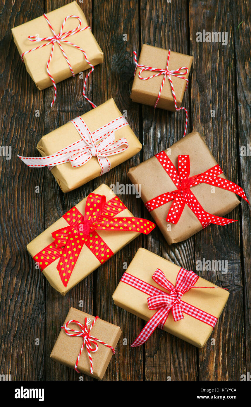 boxes for present with color ribbons, christmas gifts Stock Photo - Alamy