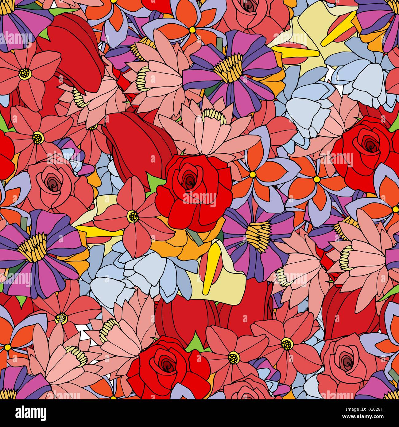 Beautiful summer ornate from many flowers, seamless pattern. Vector ...
