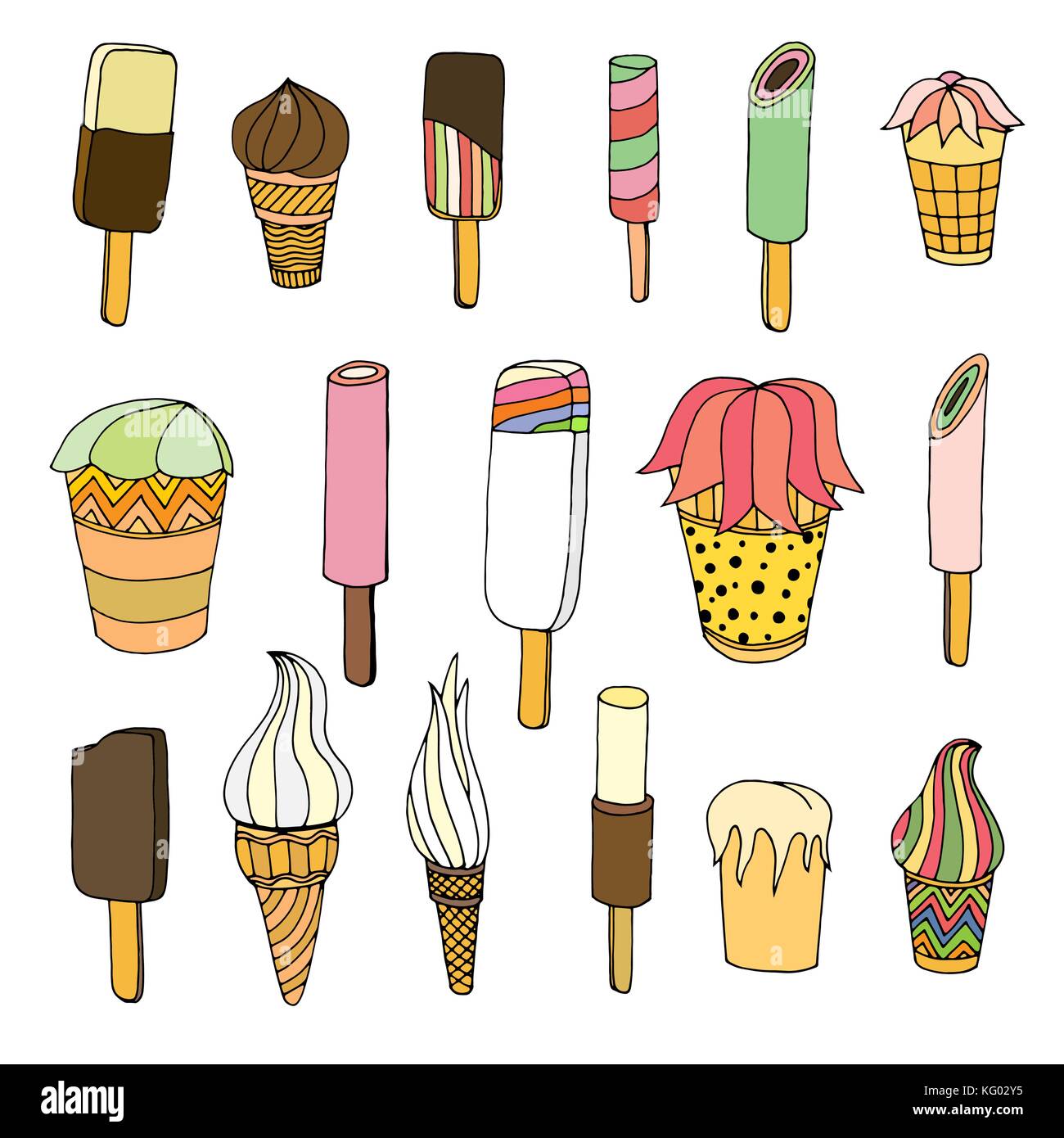 Collection of cute vector hand drawn cartoon ice cream. Cones and ice ...