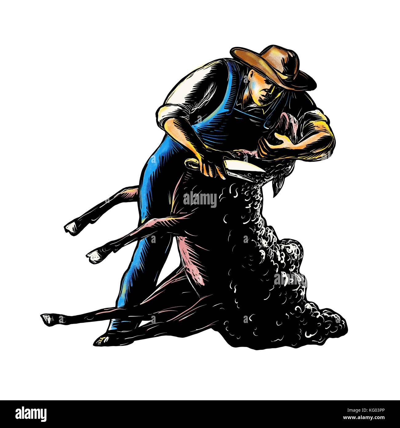 Scratchboard style illustration of sheep shearer or farmer shearing ...