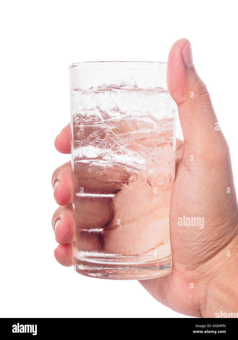 male hand holding cold water with ice in glass isolated on white ...