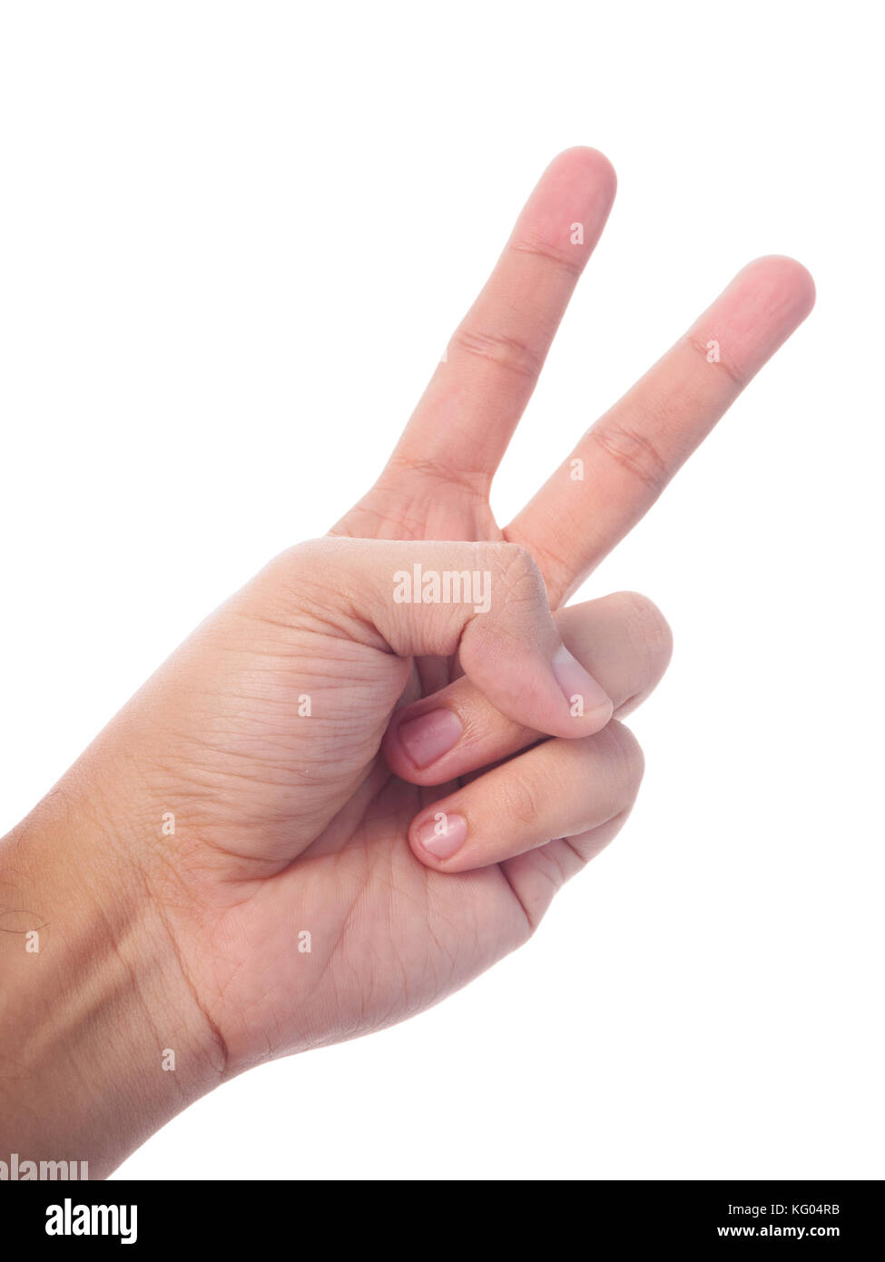 man hand showing peace sign or victory sign isolated on white ...