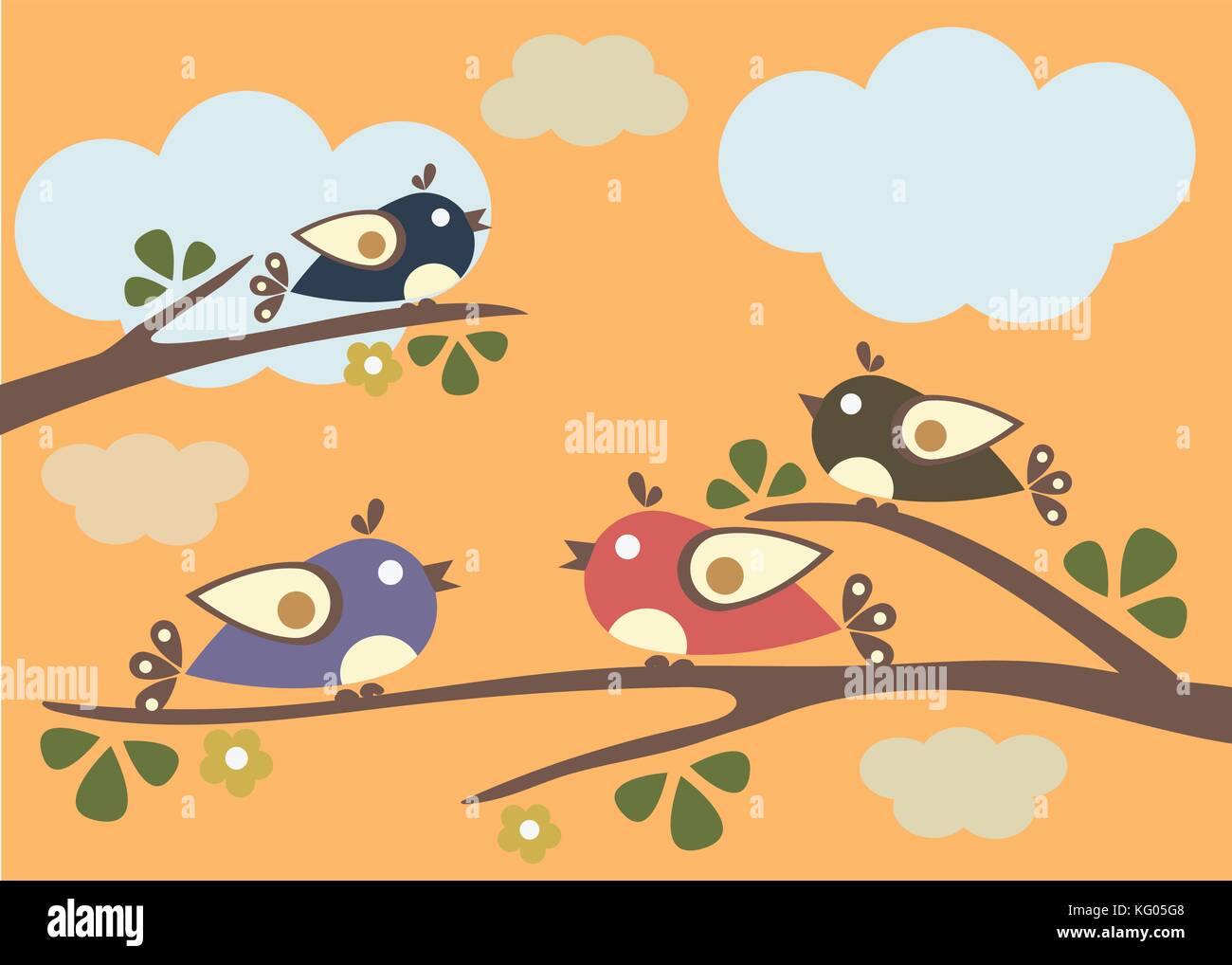 Birds sitting on tree branches. Vector Illustration. Cloudy Night Stock ...