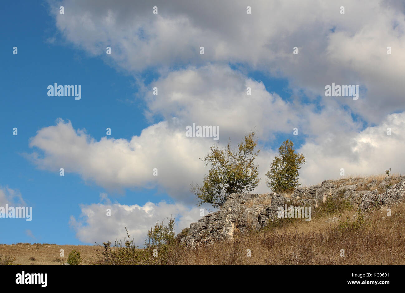 Landscape with beautiful fluffy clouds over autumn field Stock Photo ...
