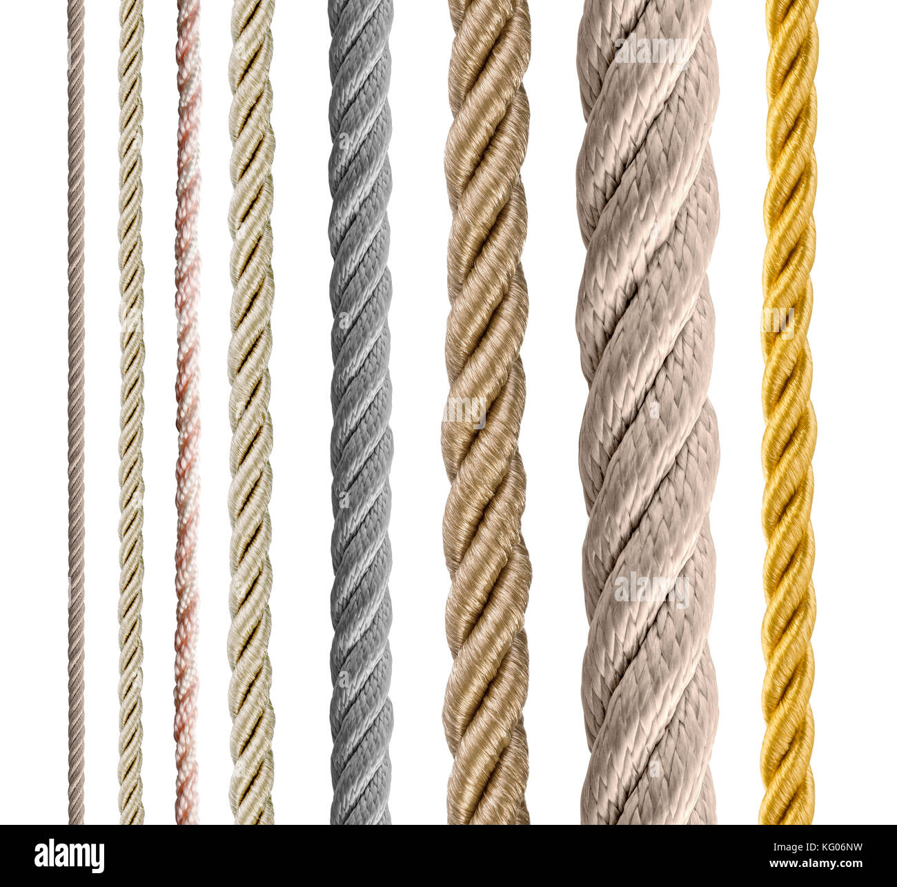 collection of various ropes on white background. each one is shot ...