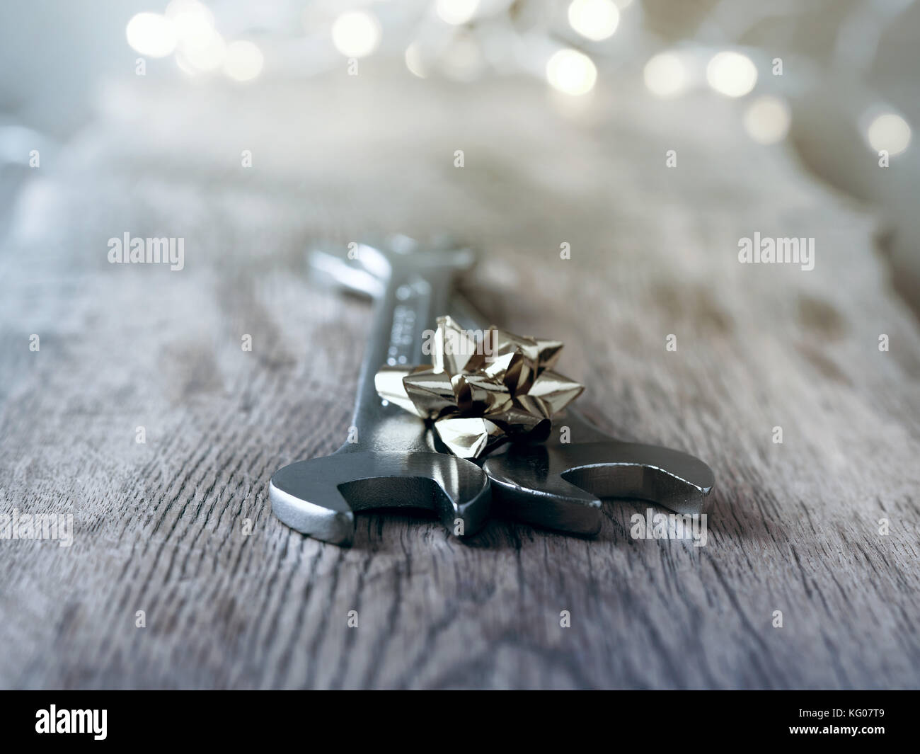 Christmas background with industrial tools on a rustic wooden table ...
