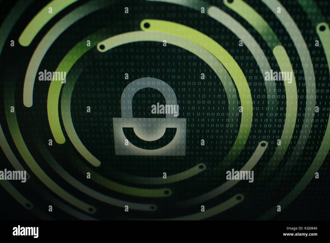 photo of computer screen display with black graphic lock symbol. Binary ...