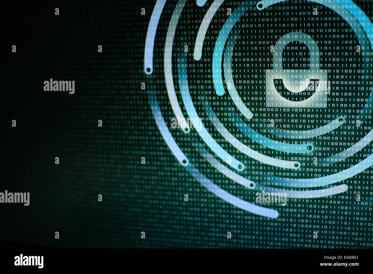photo of computer screen display with White graphic symbol of a lock ...