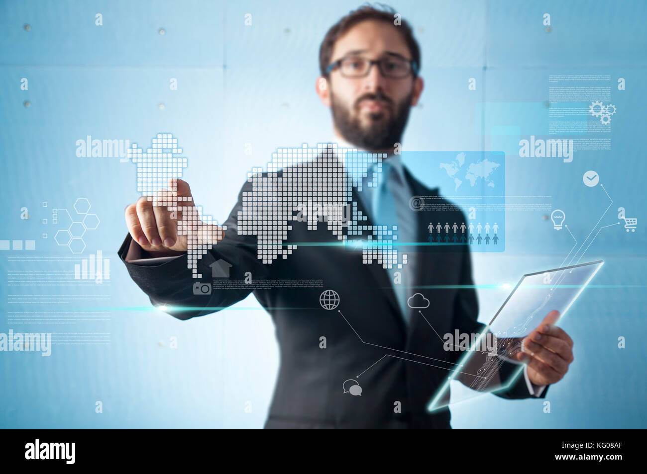 Businessman standing and working with touch screen technology - Earth ...