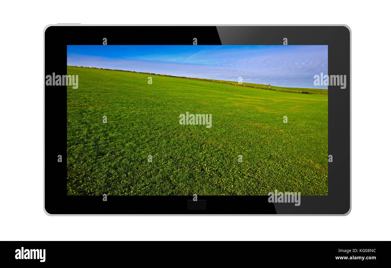 Tablet Computer with green landscape Isolated on white Stock Photo - Alamy