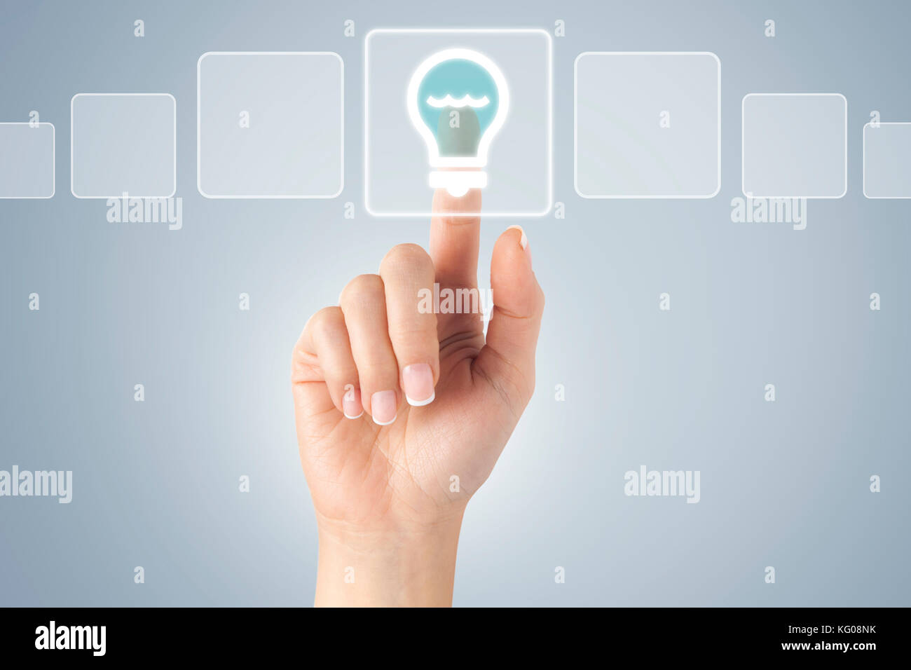Woman hand in front of visual touch screen Stock Photo - Alamy