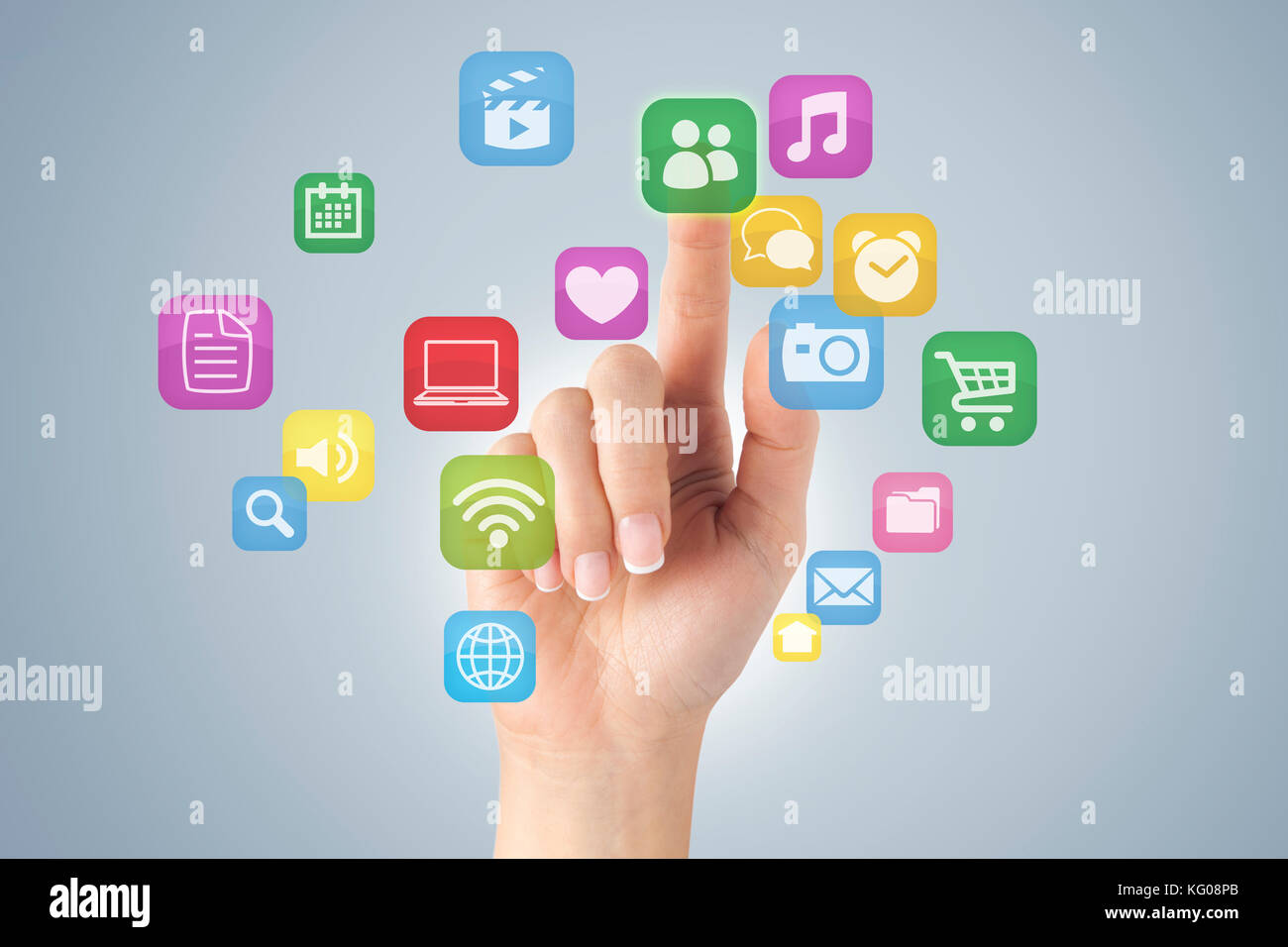 Woman hand in front of visual touch screen Stock Photo - Alamy