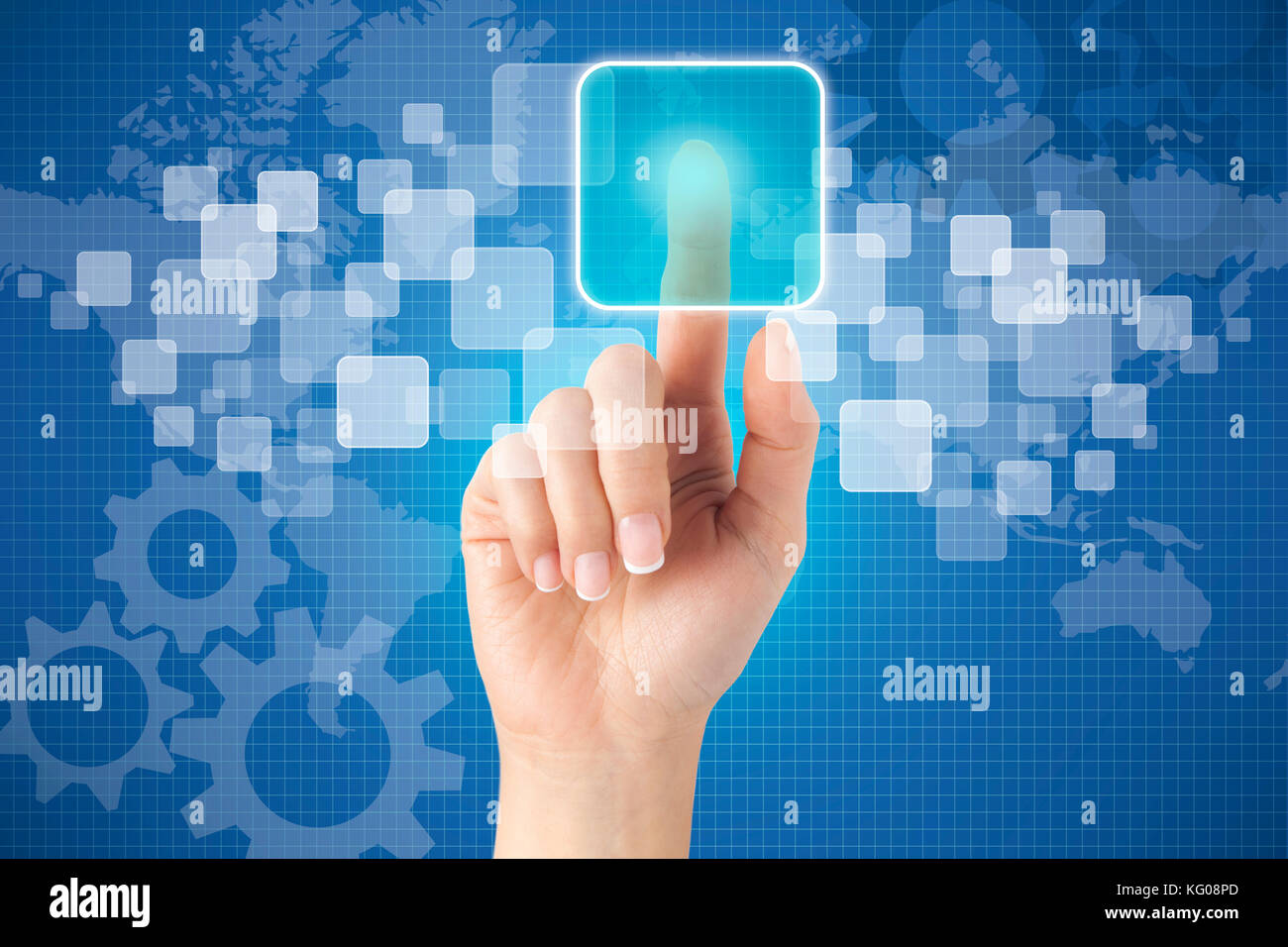 Woman hand in front of visual touch screen Stock Photo - Alamy