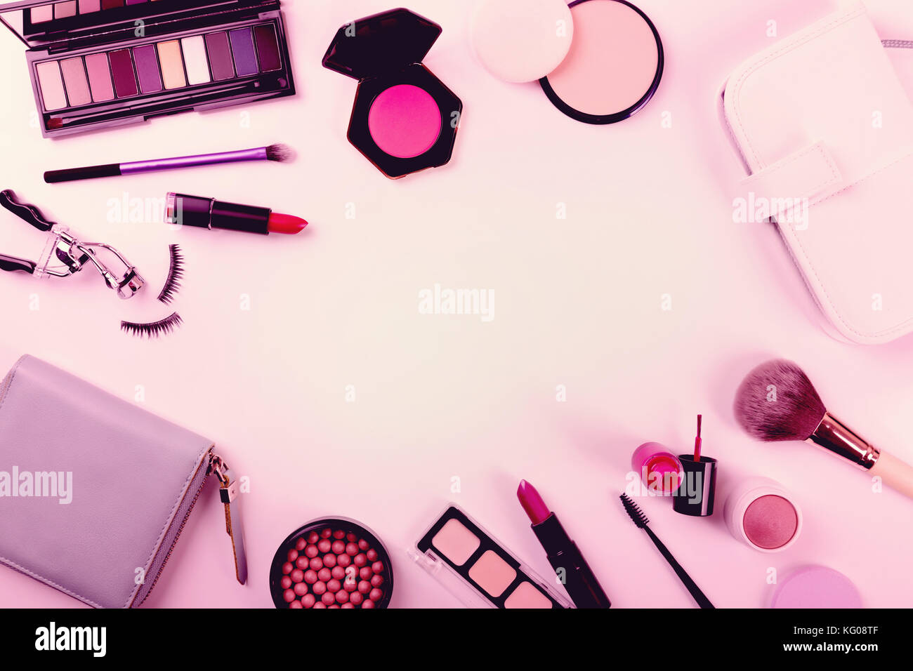 makeup cosmetics set. top view with copy space Stock Photo - Alamy