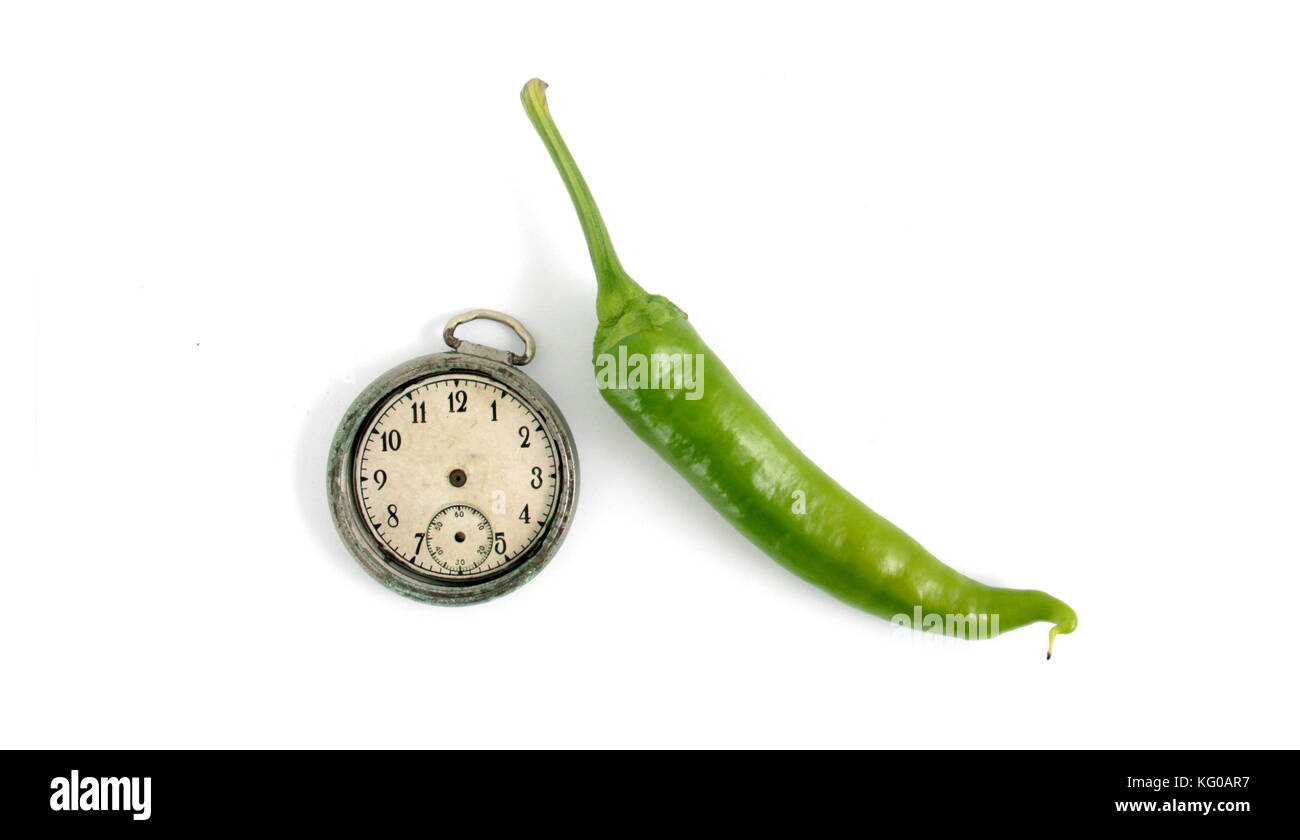 chili pepper and vintage clock isolated on white Stock Photo - Alamy