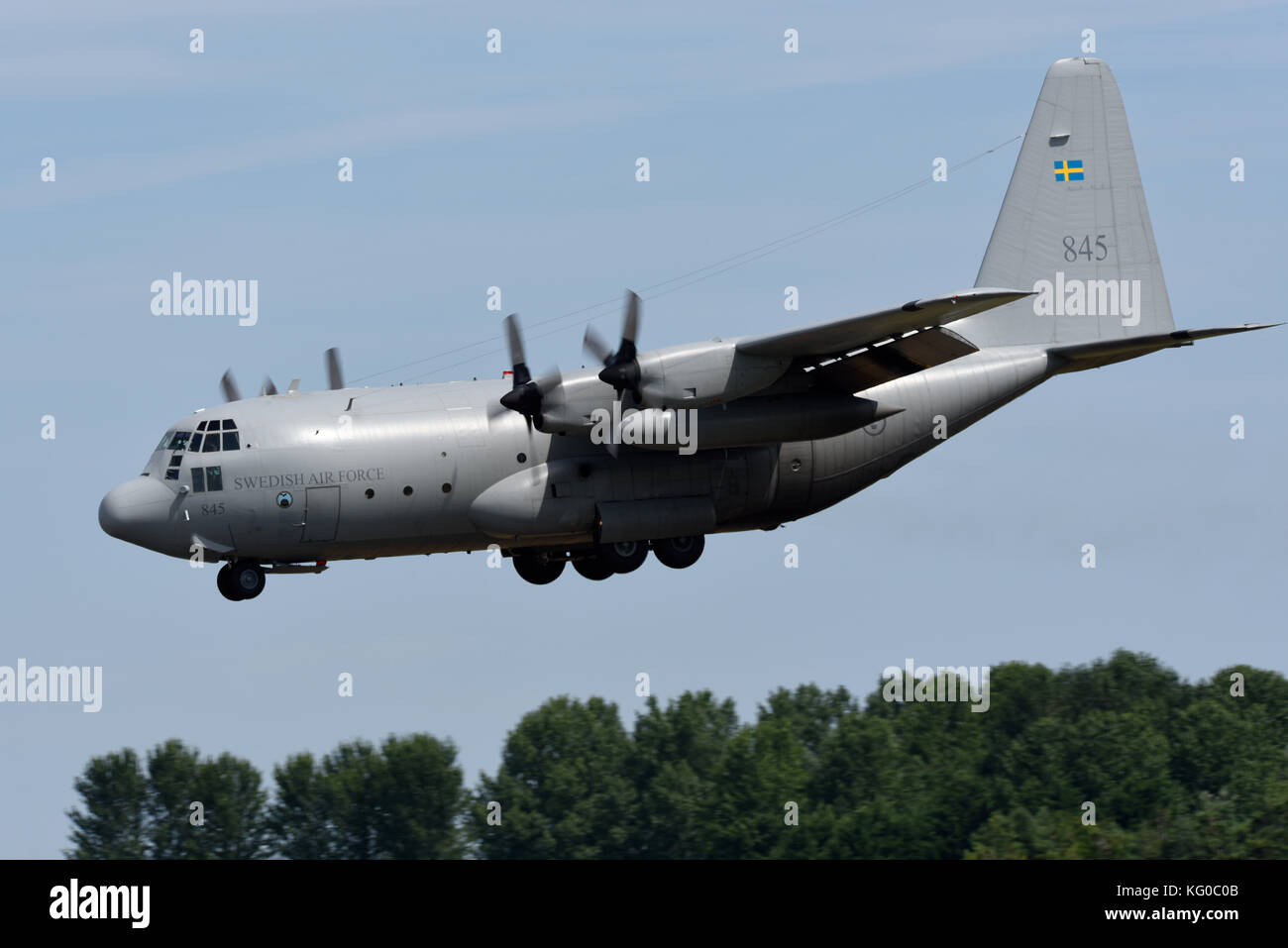 Lockheed C-130 Hercules transport plane of Swedish Air Force landing. A ...
