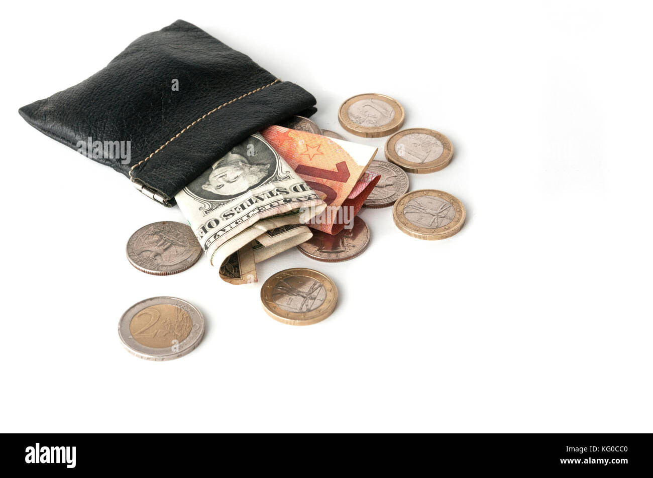 A leather coin purse with euro and dollar banknotes inside and some ...