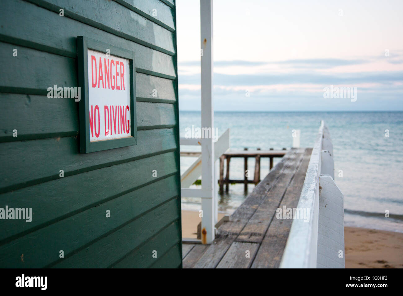 No diving sign on a portsea beach shack in Victoria Stock Photo - Alamy