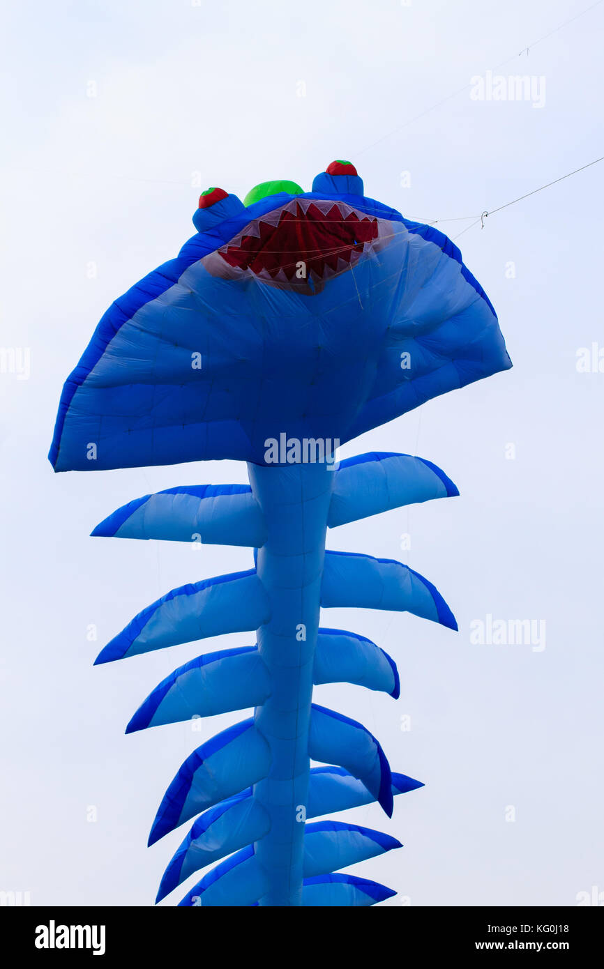Blue kite that is flying. Blue fish kite Stock Photo - Alamy
