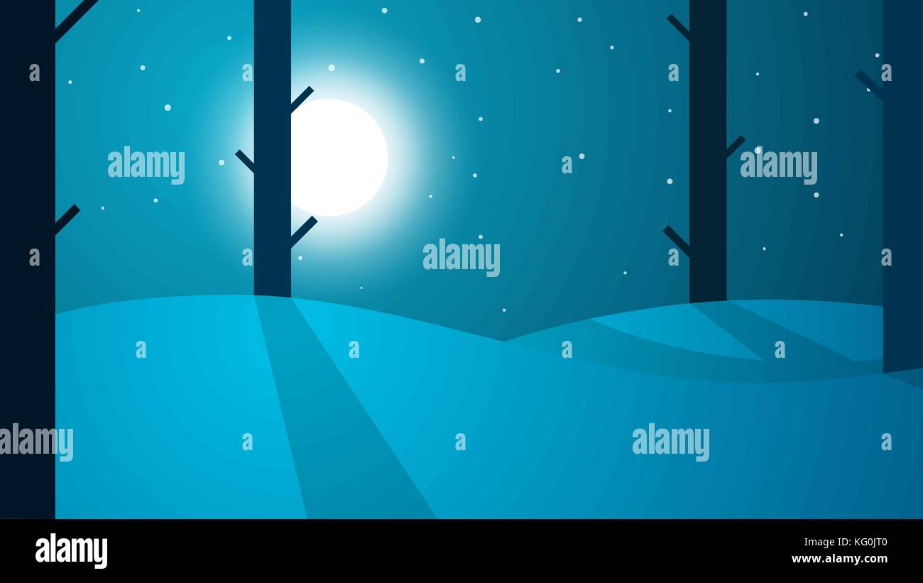 Travel night cartoon landscape. Tree, mountain, star, moon, road Stock ...