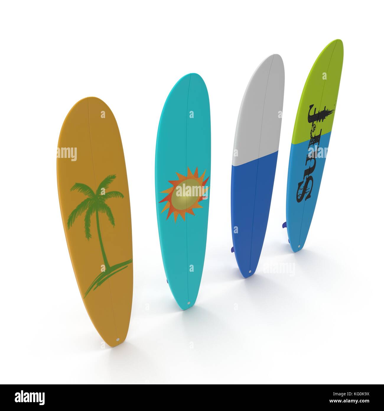 Set of different color surf boards on white 3D Illustration Stock Photo ...