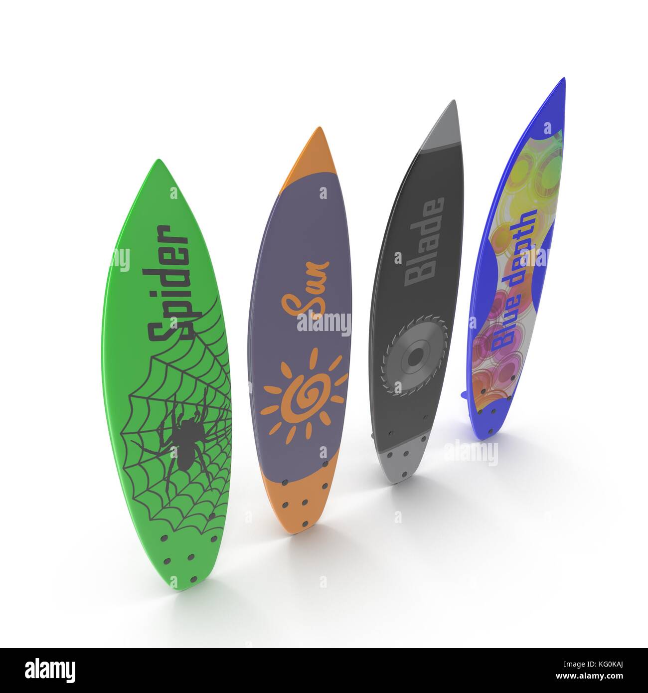 Set of different color surf boards on white 3D Illustration Stock Photo ...