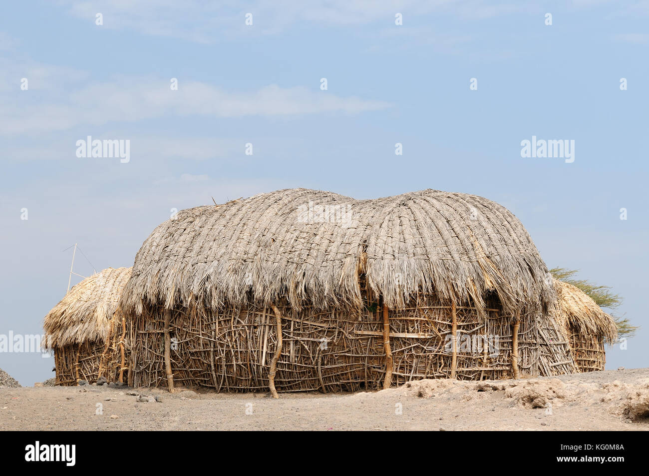 Traditional round house of people from the Turkana tribe on the shore ...