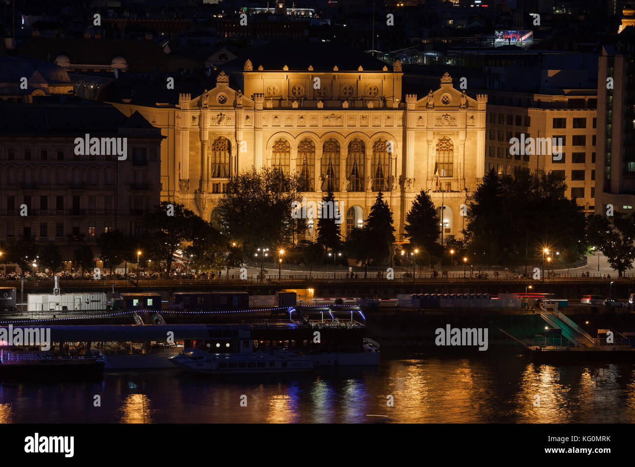Vigado Concert Hall illuminated at night in city of Budapest, Hungary ...