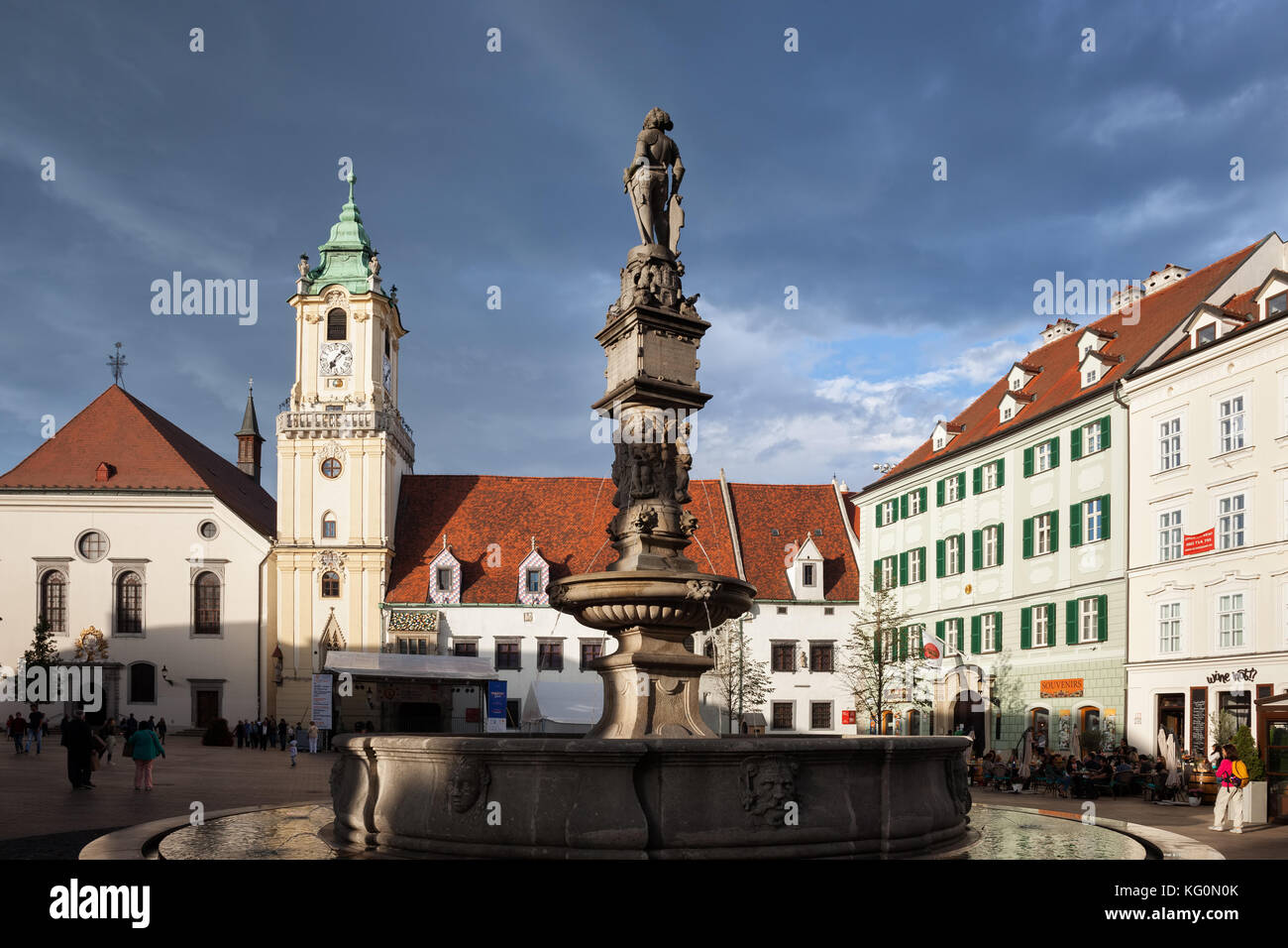 Slovakia, Bratislava, Old Town Main Square with Roland Fountain and ...