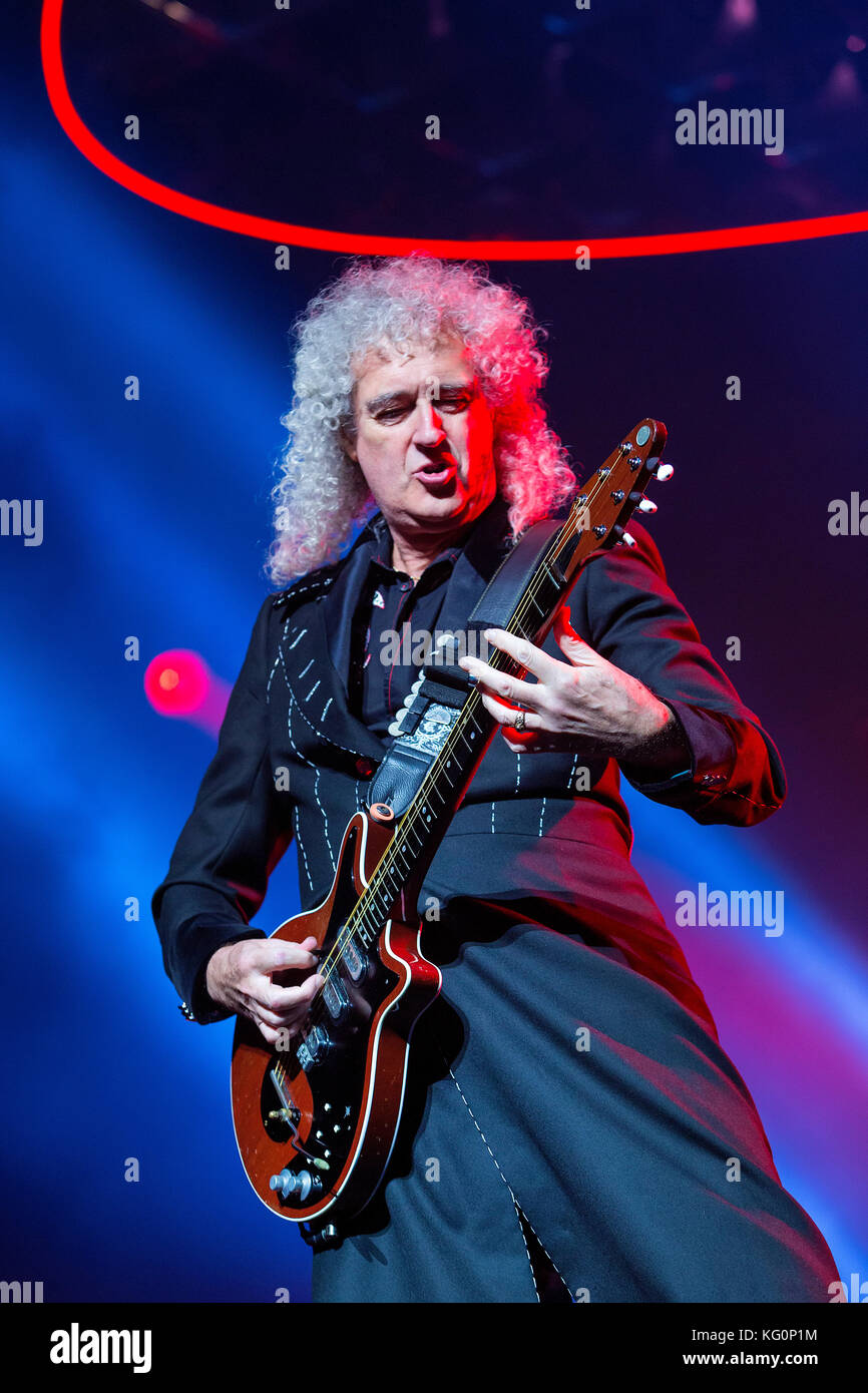 Guitarist Brian May of British group Queen performs during the concert ...